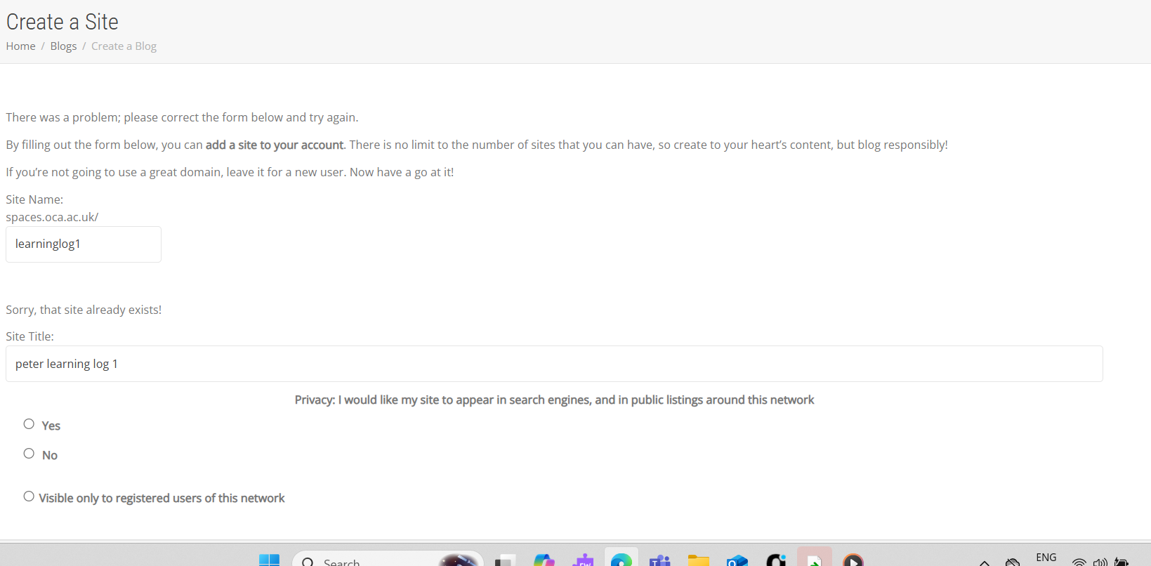 TEL-TSGW: Unable to create site on open space | oca-learn